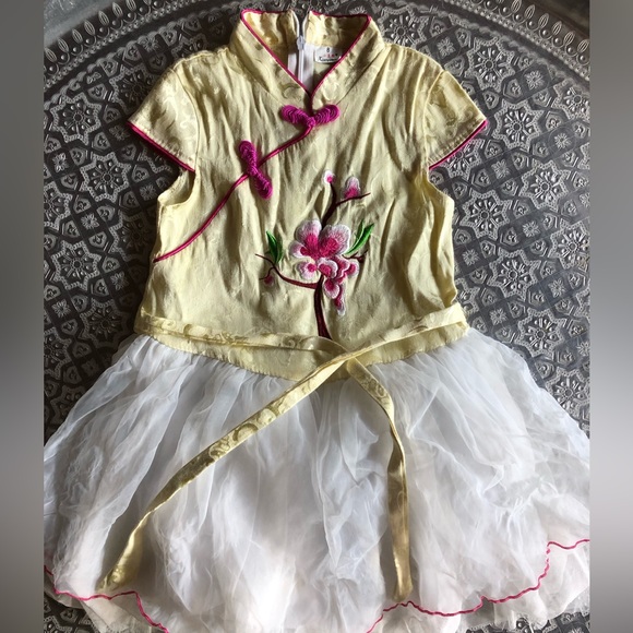 Dresses | Chinese Style Tutu Yellow White Dress Floral Embroidered ...